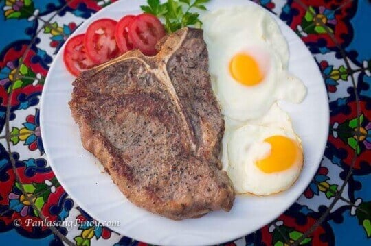 Breakfast T-Bone Steak with Fried Eggs Recipe - Panlasang Pinoy