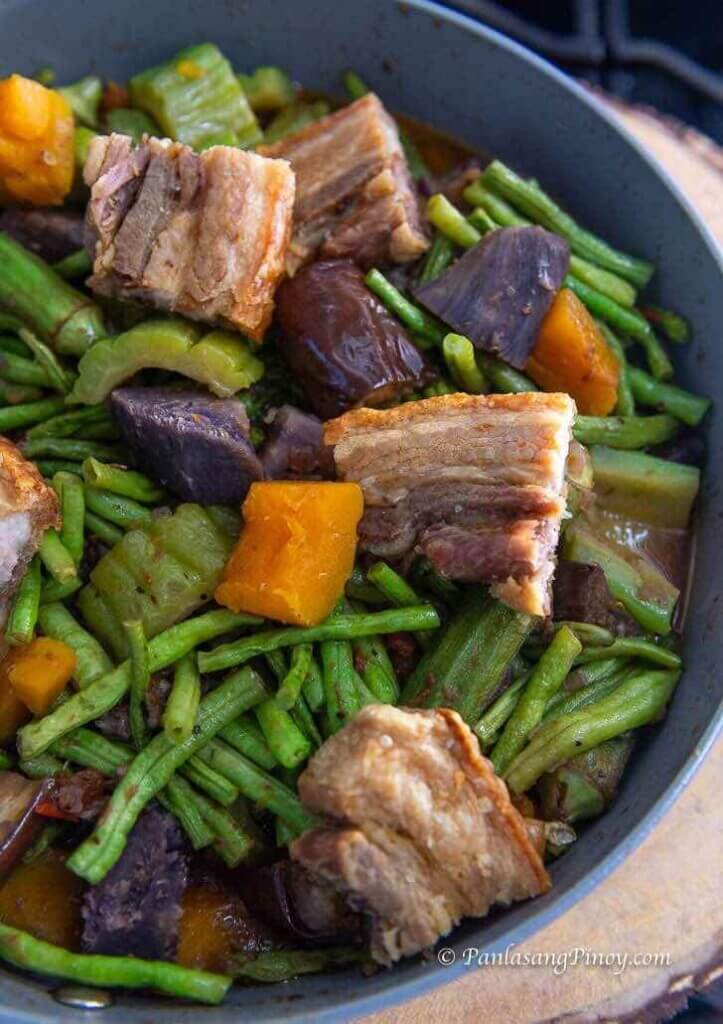 Crispy Air Fried Liempo Pinakbet with Ube - Panlasang Pinoy