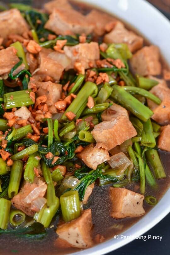 Garlic Tokwa and Kangkong in Oyster Sauce - Panlasang Pinoy